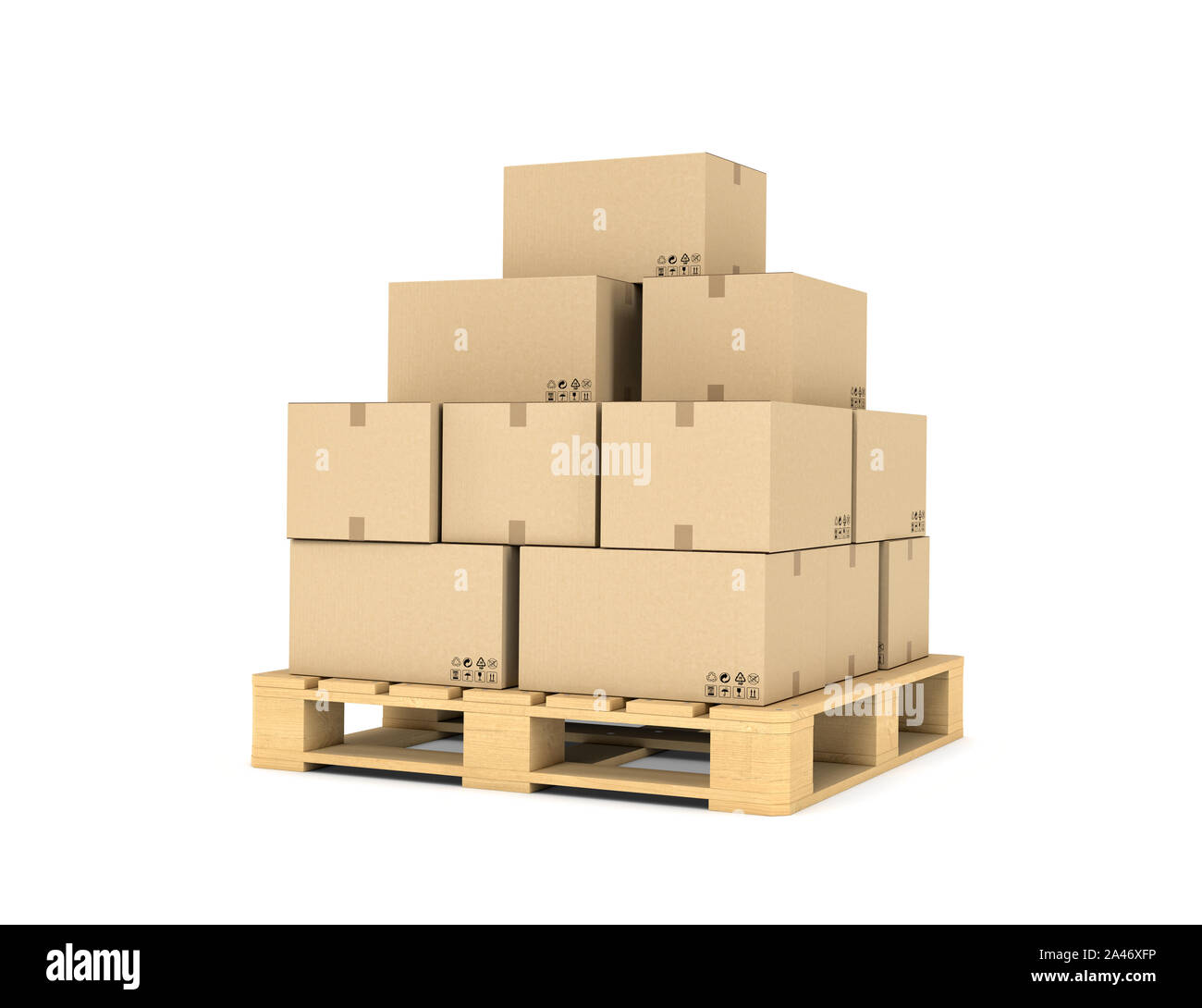3d rendering of several carton boxes stacked evenly on a double-decked ...