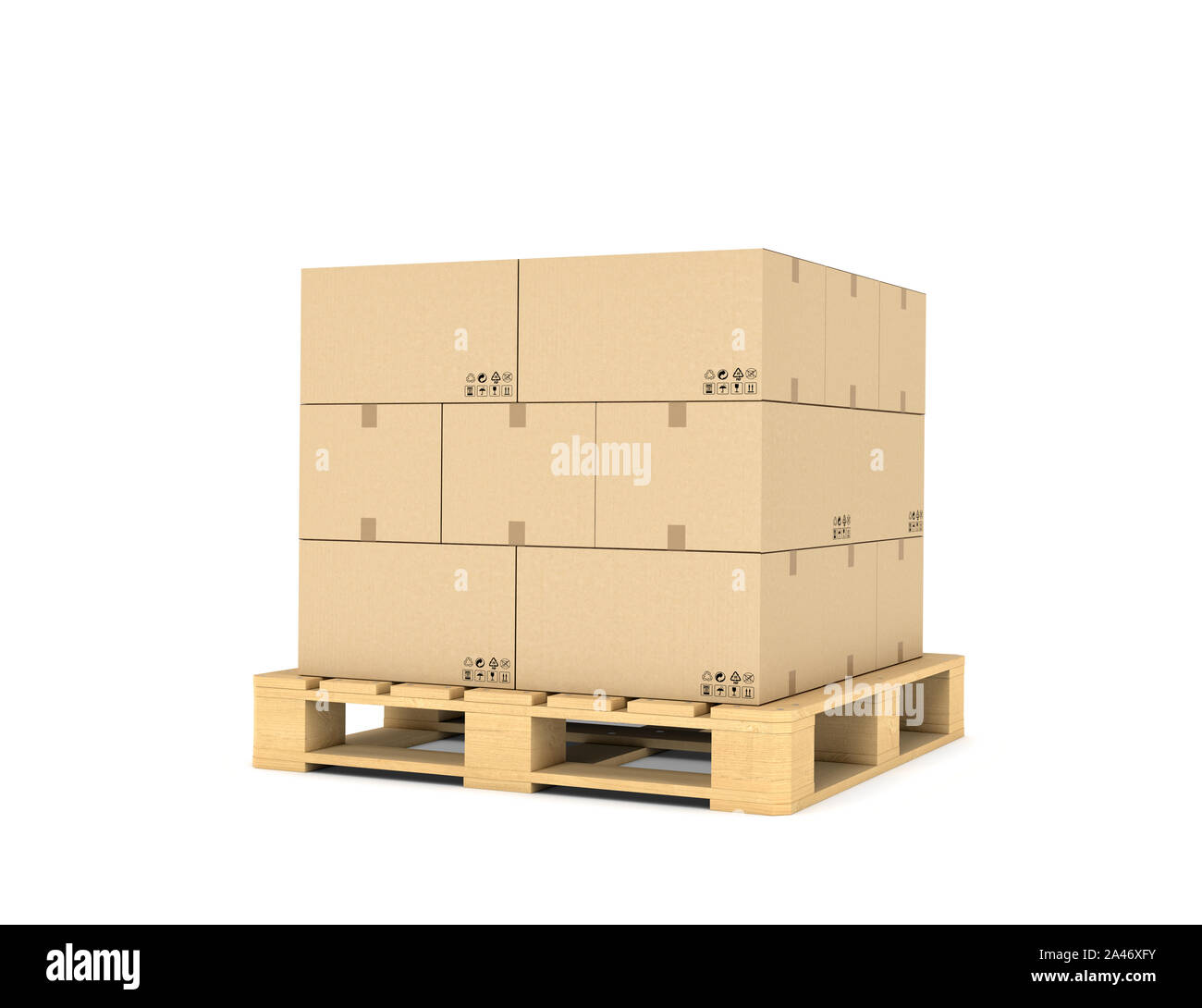 3d rendering of several carton boxes stacked evenly on a double-decked ...