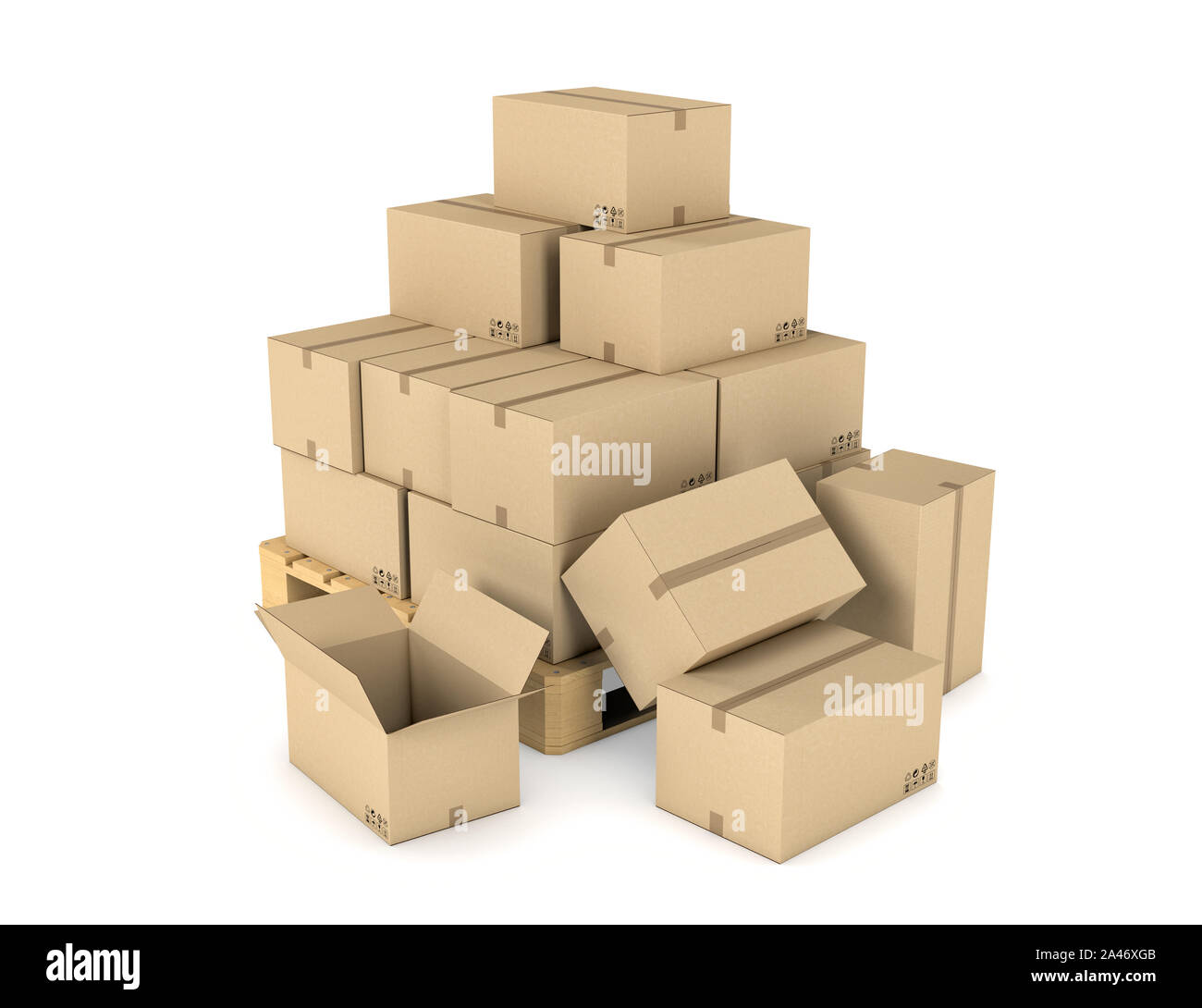 3d rendering of several carton boxes stacked evenly on a double-decked ...