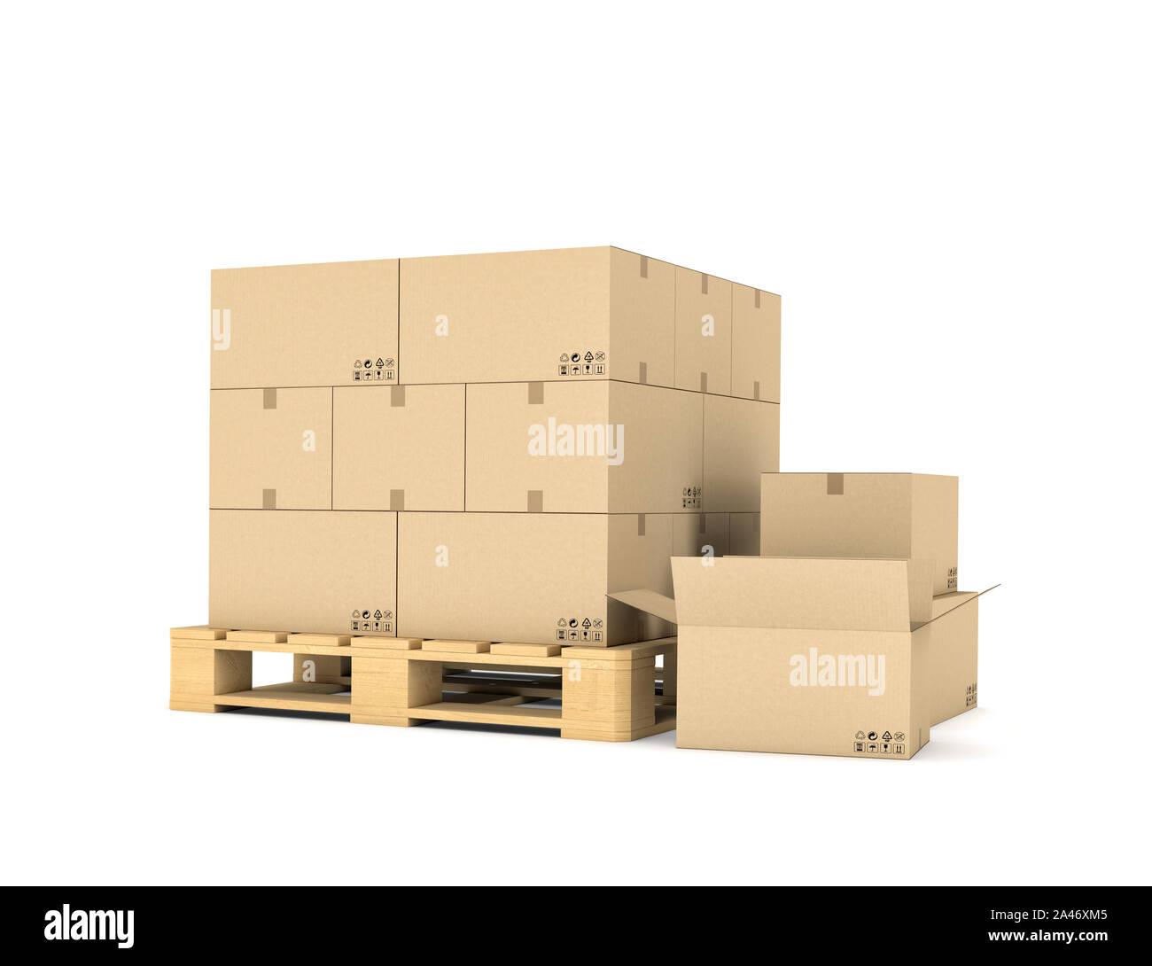 3d rendering of several carton boxes stacked evenly on a double-decked ...