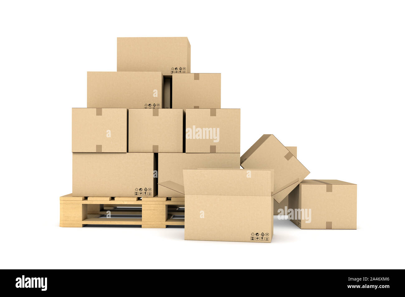 3d rendering of several carton boxes stacked evenly on a double-decked ...