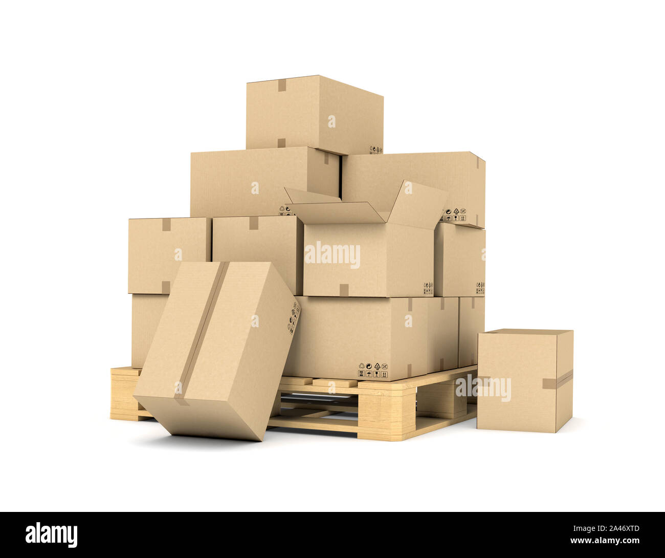 3d rendering of several carton boxes stacked evenly on a double-decked ...