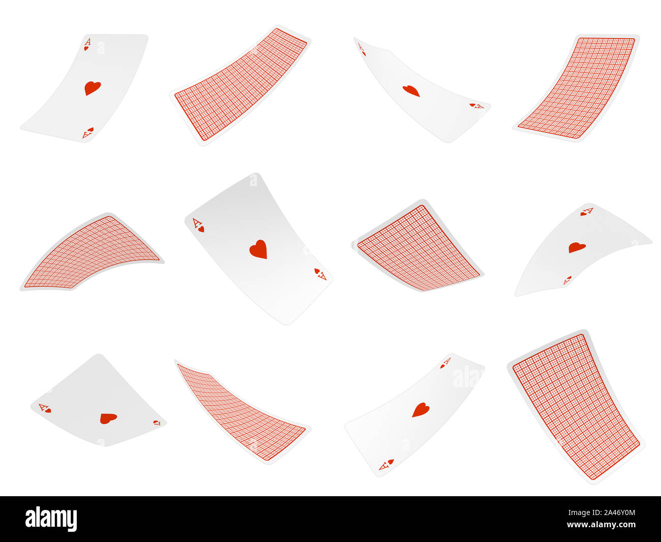 3d rendering of many aces of hearts flying in the air both in front and ...