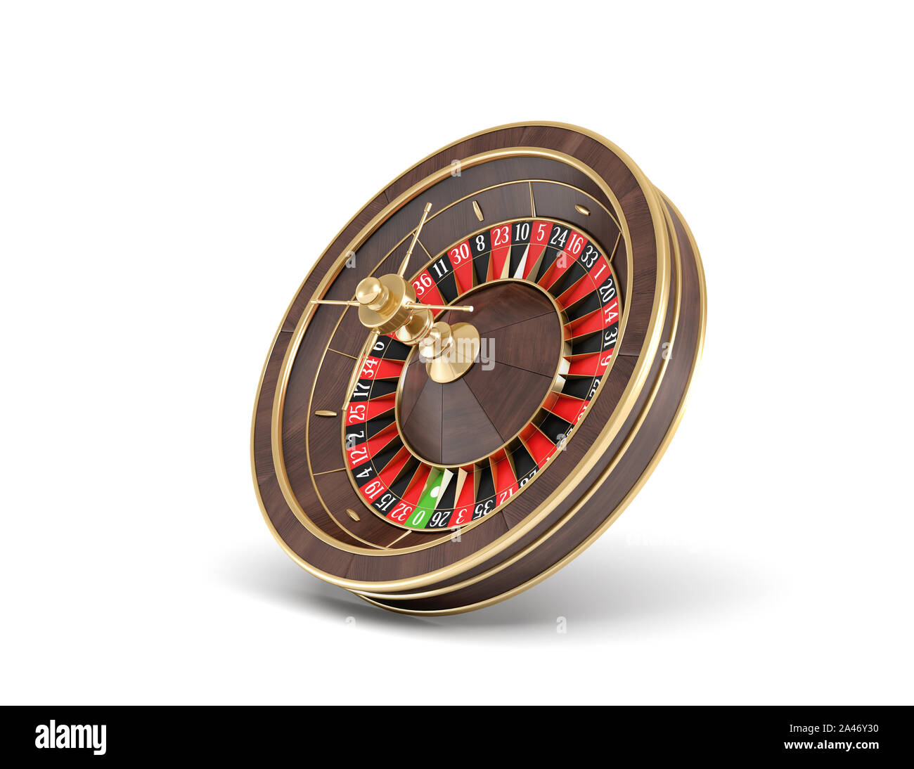 3d rendering of an isolated wooden casino roulette with golden ...