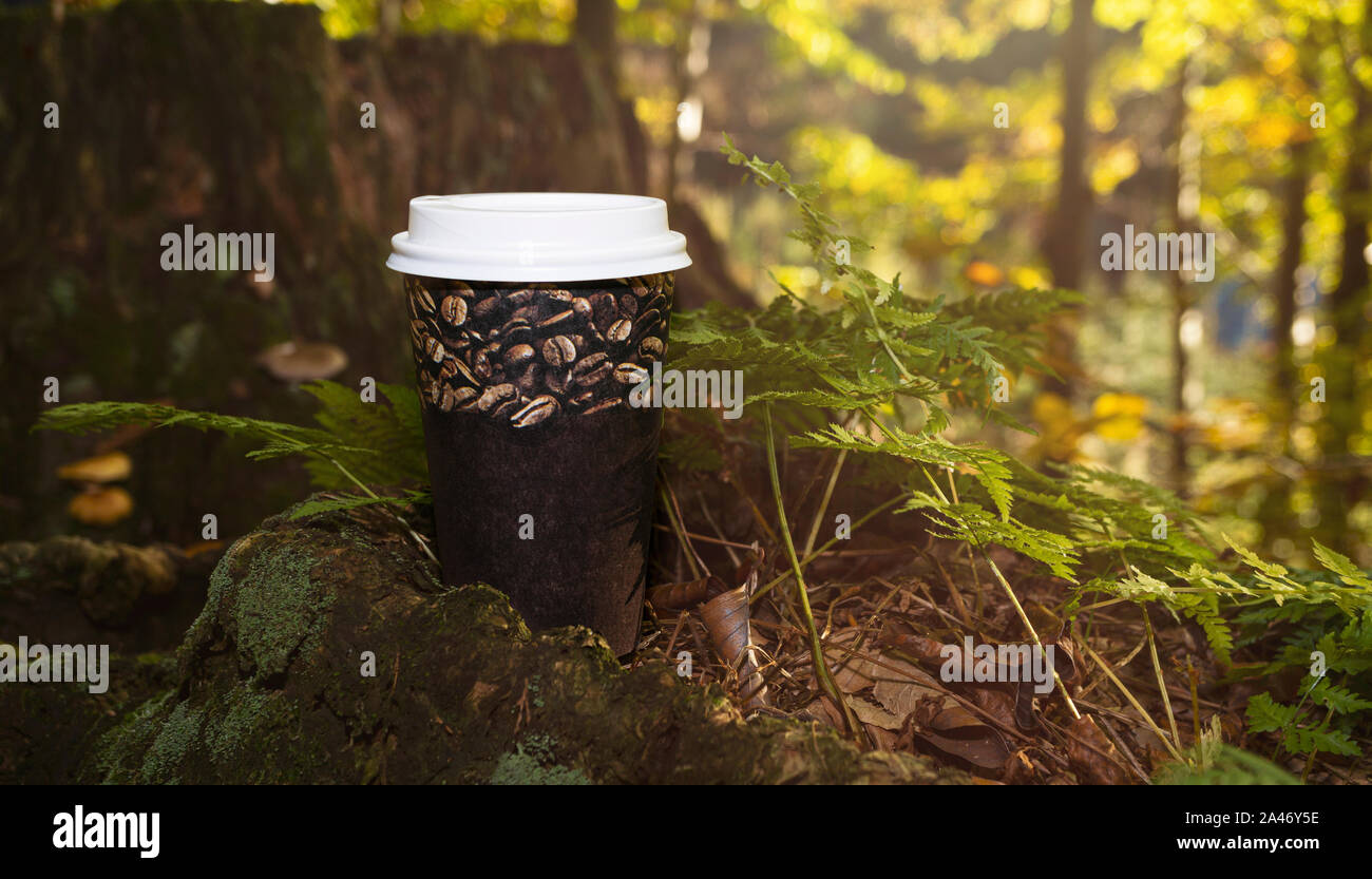 Cup of coffee on the stump in the forest. Autumn, fall concept. Moody ...
