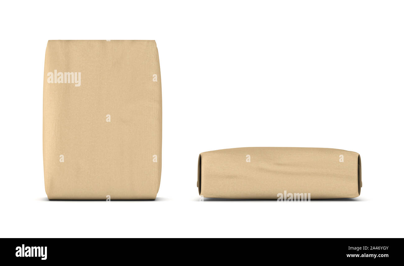 3d rendering of two light beige cement sacks, side view and front view ...