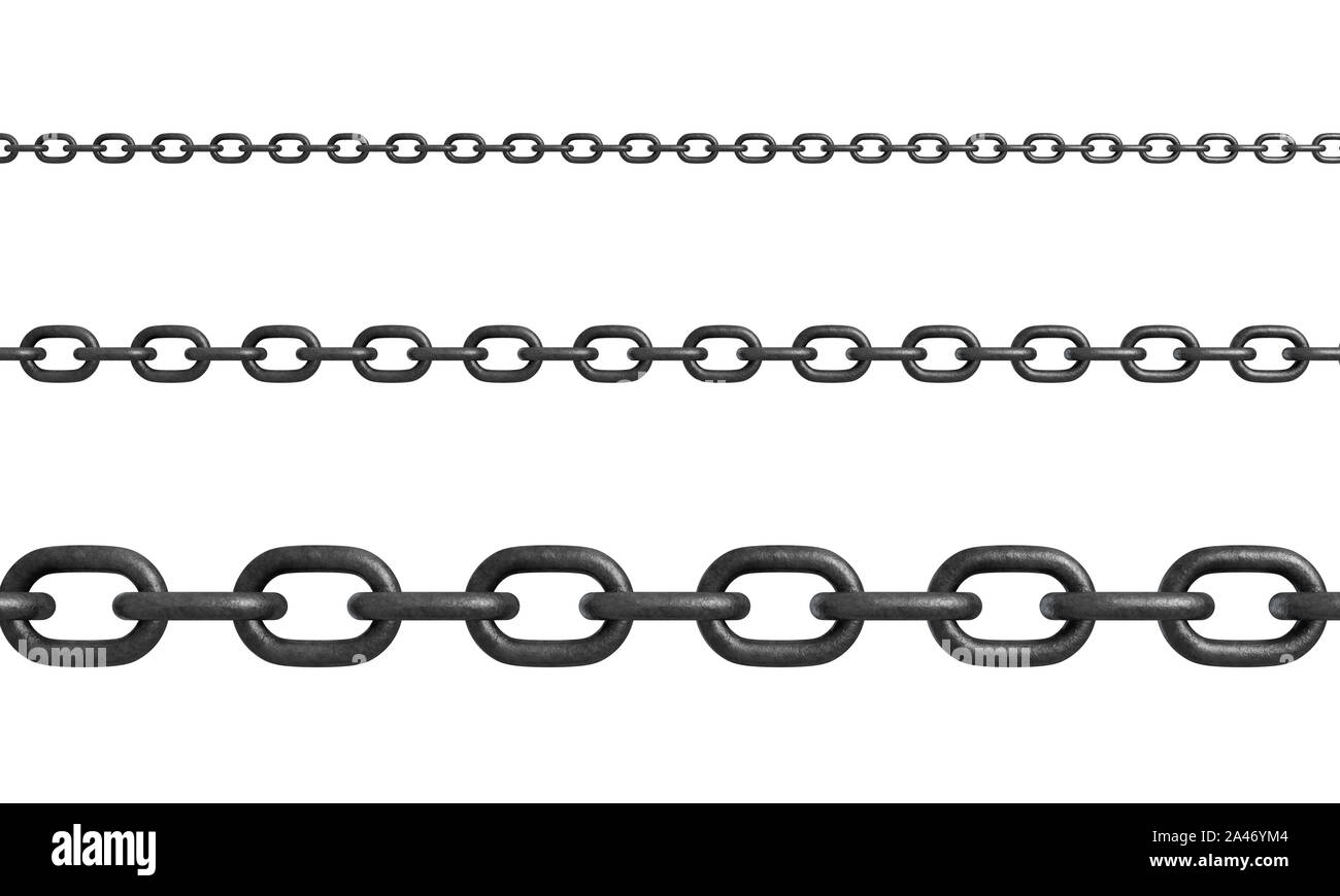3d rendering of three horizontally placed metal chains of different ...