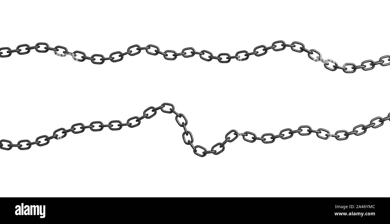 3d rendering of two strips of metal chains lying curled on a white ...