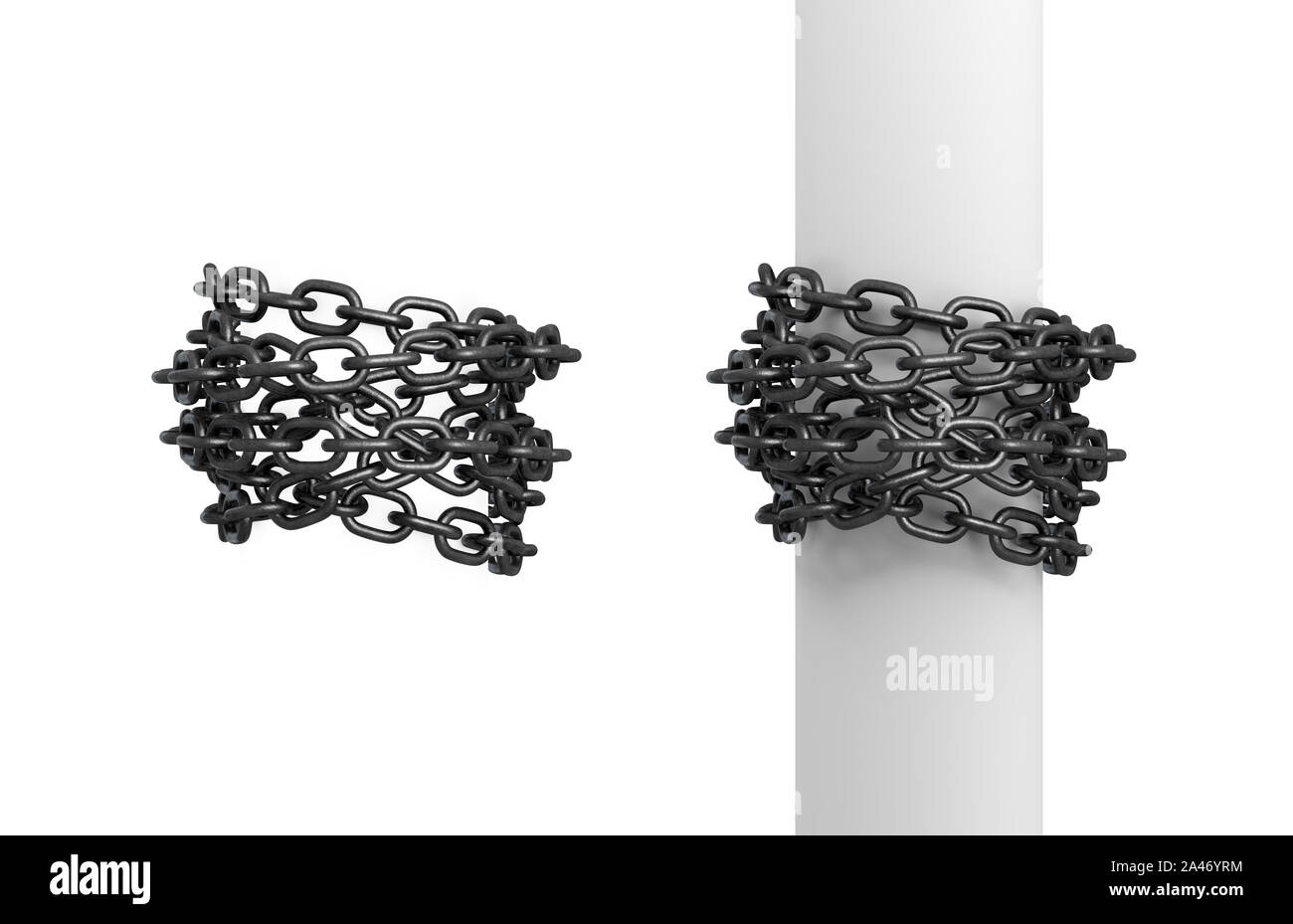 3d rendering of two pieces of iron chains, one curled around a post ...