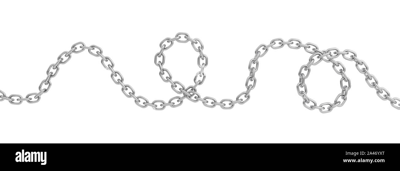 3d rendering of a single curved polished steel chain lying on a white ...