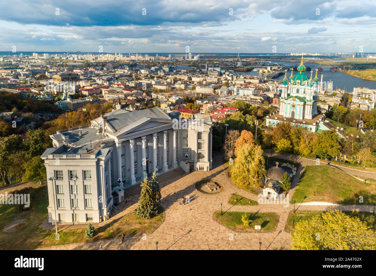Aerial autumn landscape view of Saint Andrew's church and Museum of ...