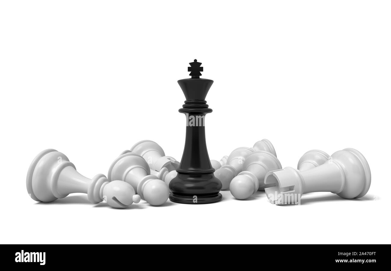 3d rendering of a single black chess king stands among many fallen ...