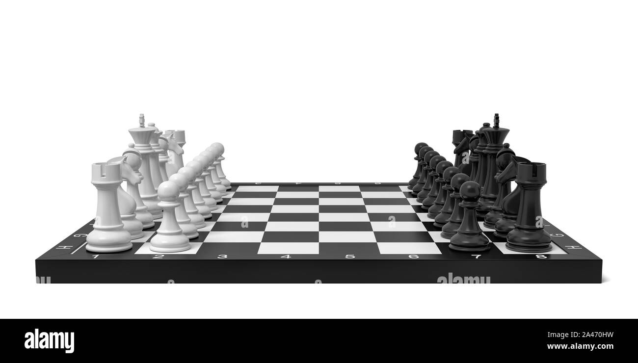3d rendering of a chess board with a full set of figures in the ...