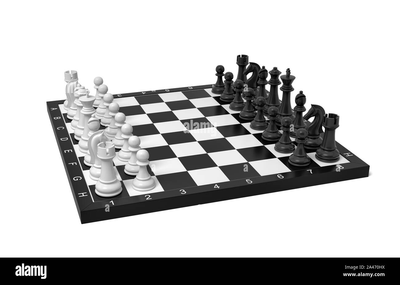 3d rendering of a chess board with a full set of figures in the ...