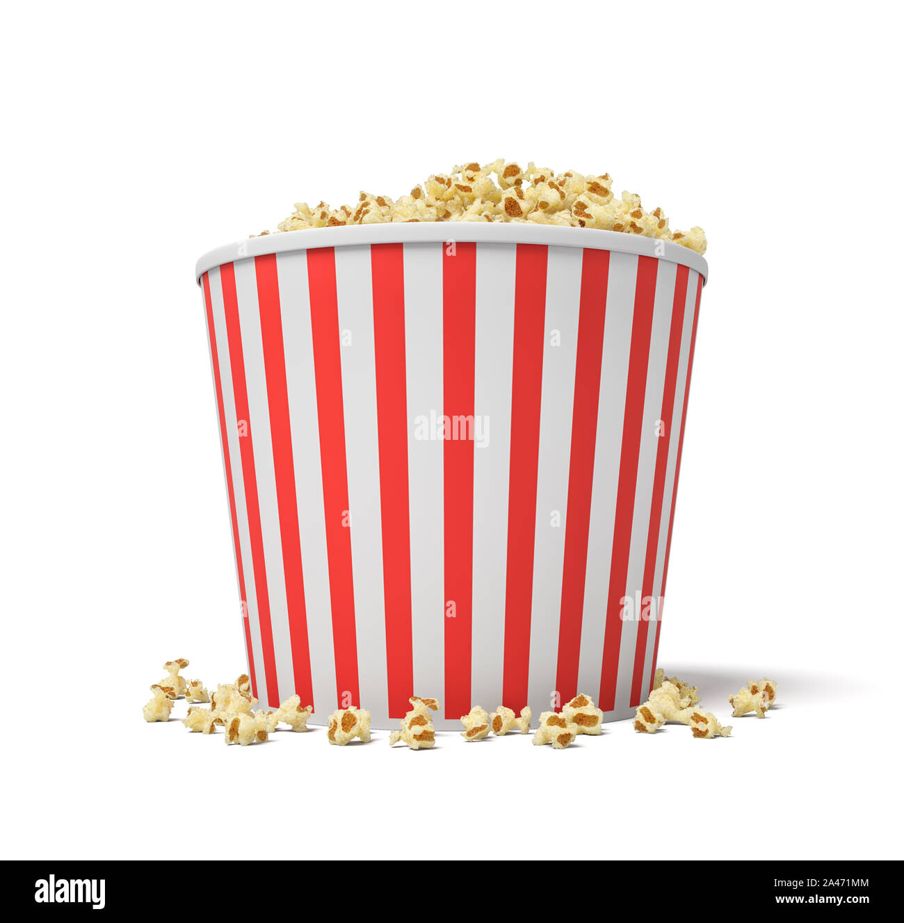 3d rendering of a large red and white bucket full of popcorn falling ...