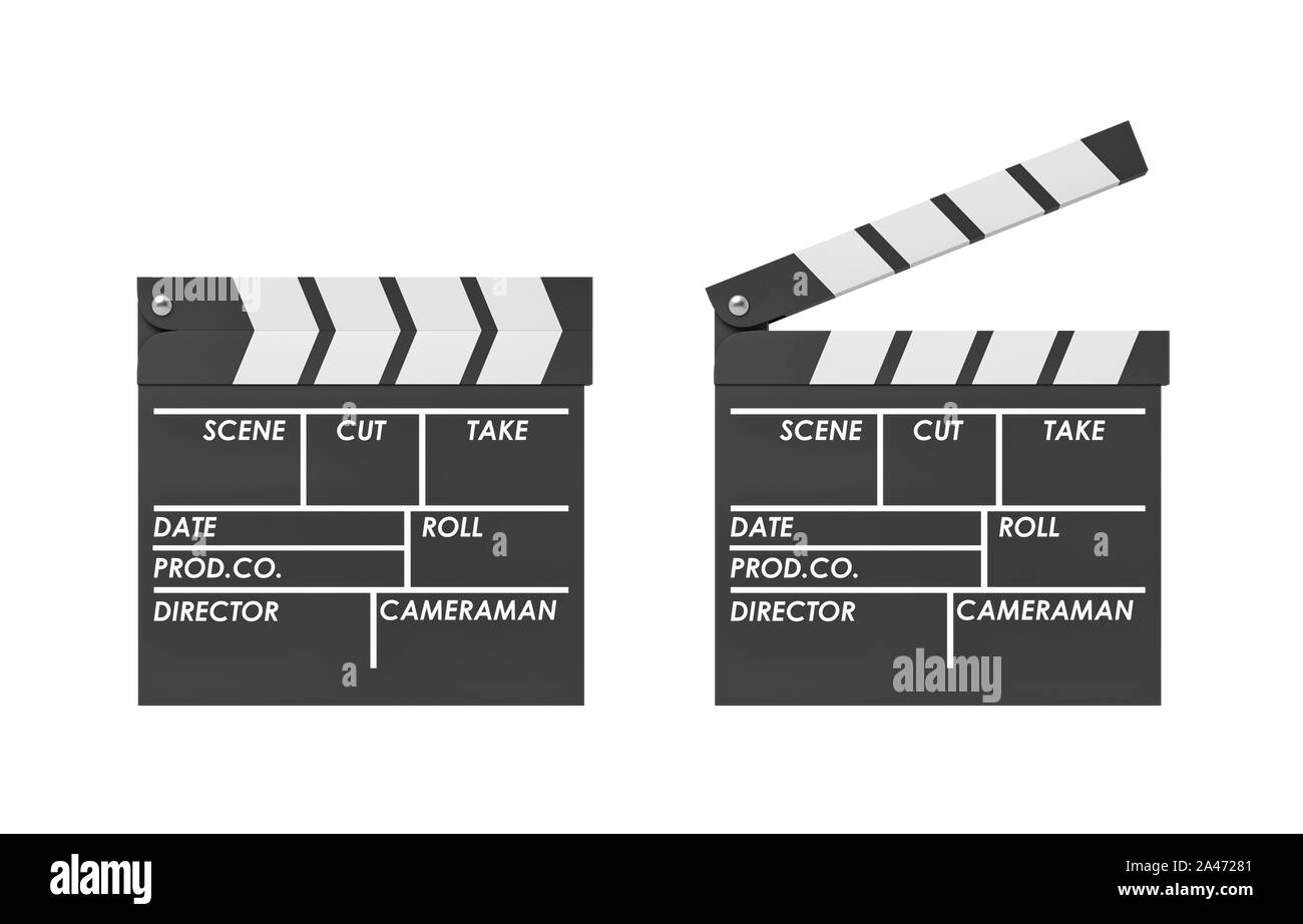 3d rendering of a black clapperboard with empty fields for movie name ...