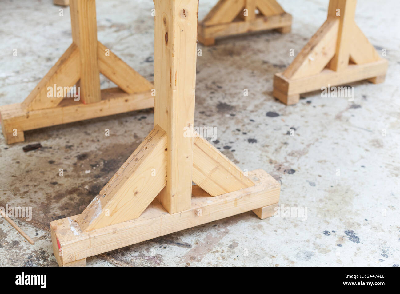 Wooden stands, workbench in workshop workshop floor in wood workshop ...