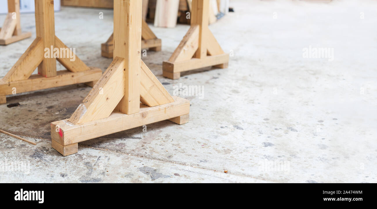 Wooden stands, workbench in workshop workshop floor in wood workshop ...