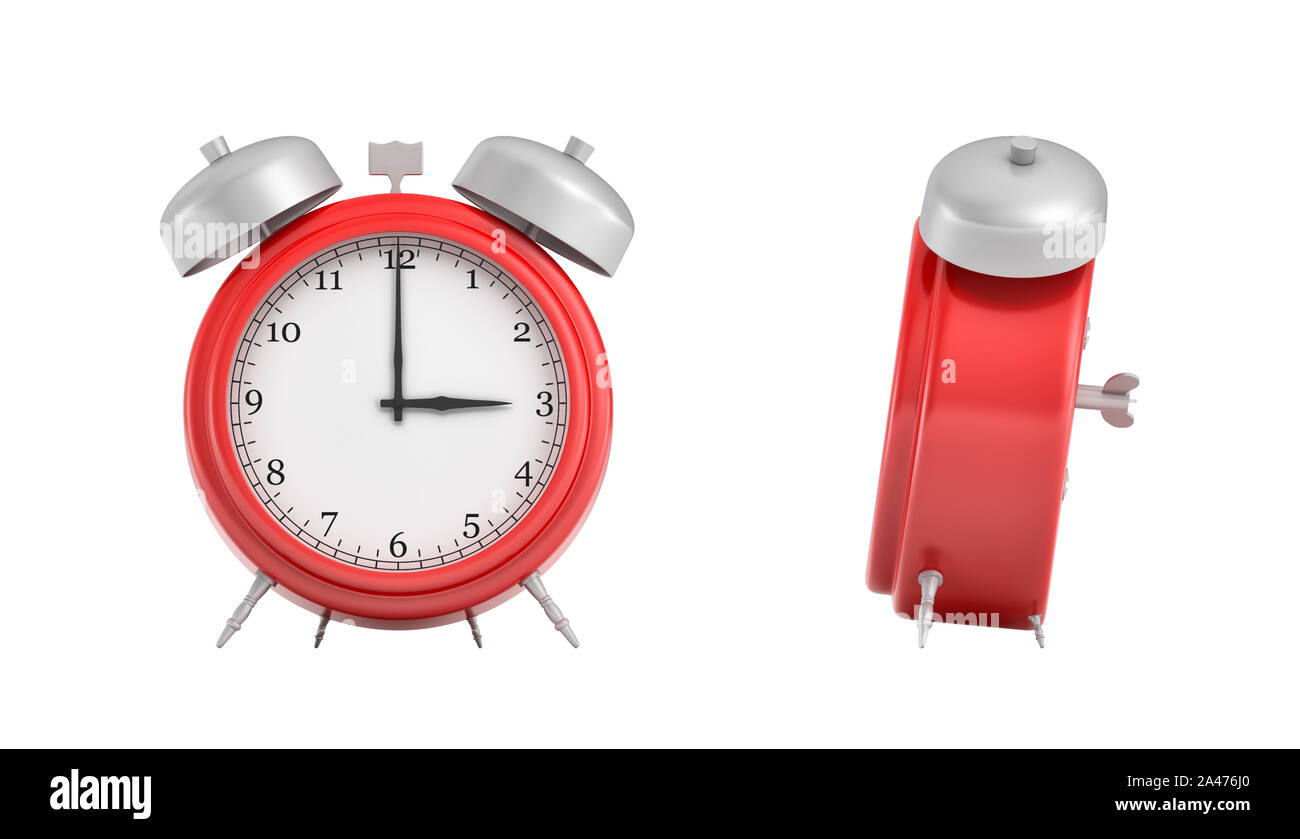 3d rendering of a red vintage alarm clock with double metal bells ...