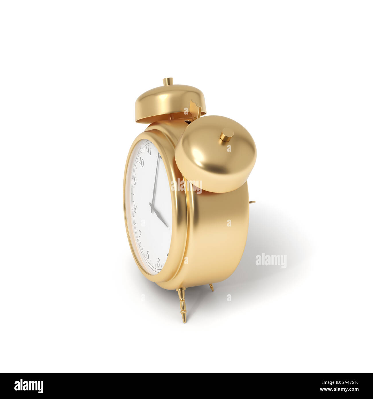 3d rendering of a retro alarm clock covered in gold standing on a white ...