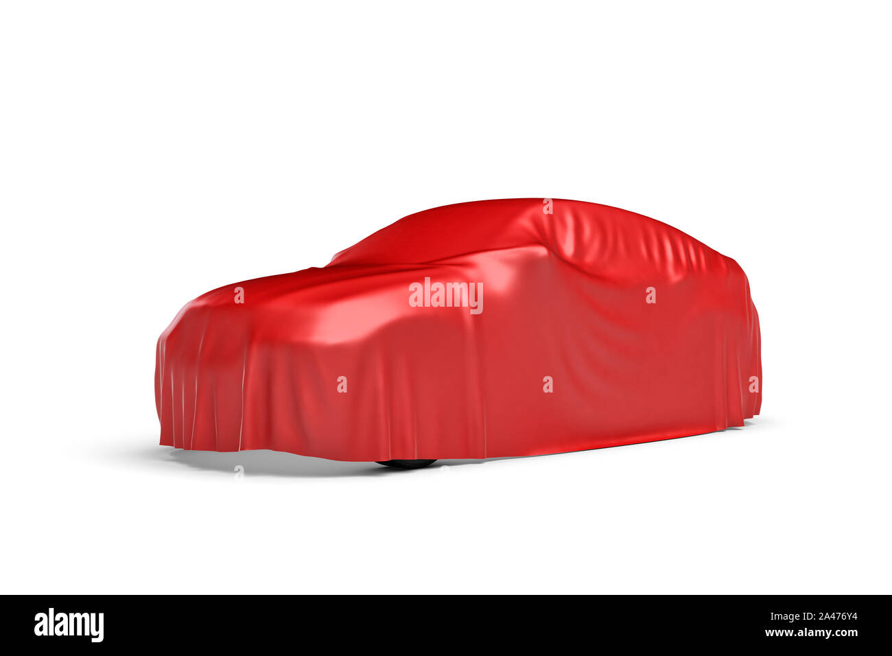3d rendering of a car covered by red cloth in 45 degrees view. Ads and ...