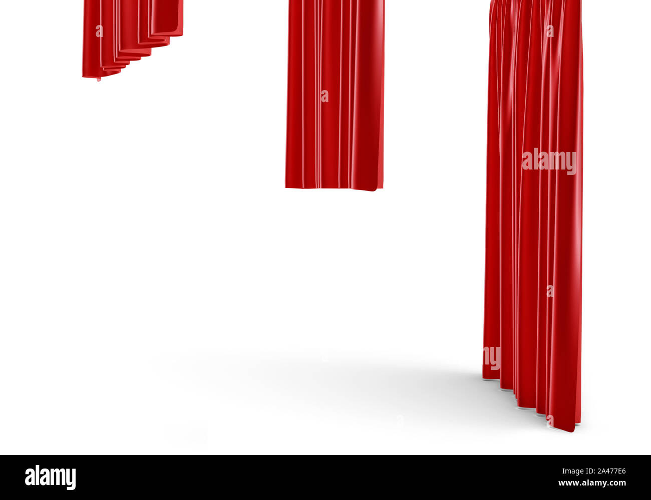 3d rendering of a three red satin curtains of different size are ...