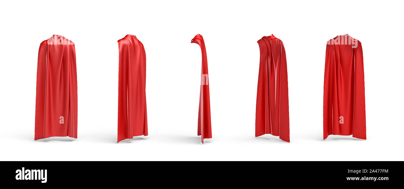 3d rendering of a five types of view of a cape made from a red satin ...
