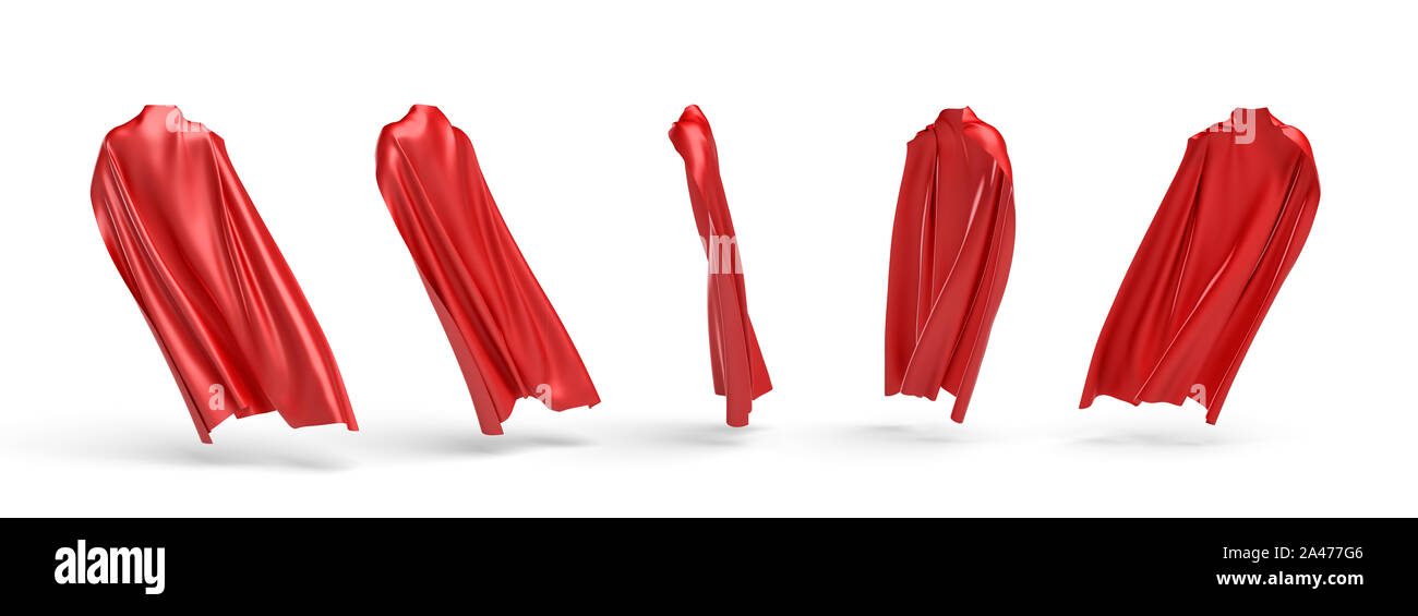 3d rendering of a five types of view of a cape made from a red satin ...