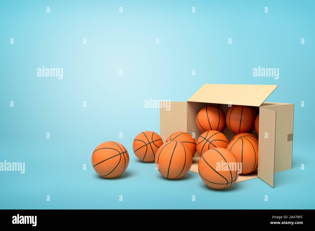 3d rendering of cardboard box lying sidelong full of basketballs on ...