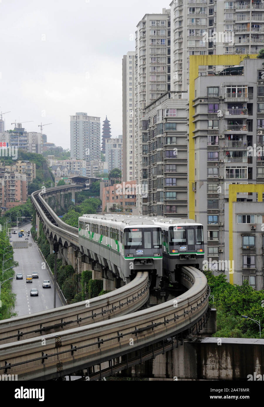 Monorail trains between Xinshancun and Daxikou stations on Chongqing ...