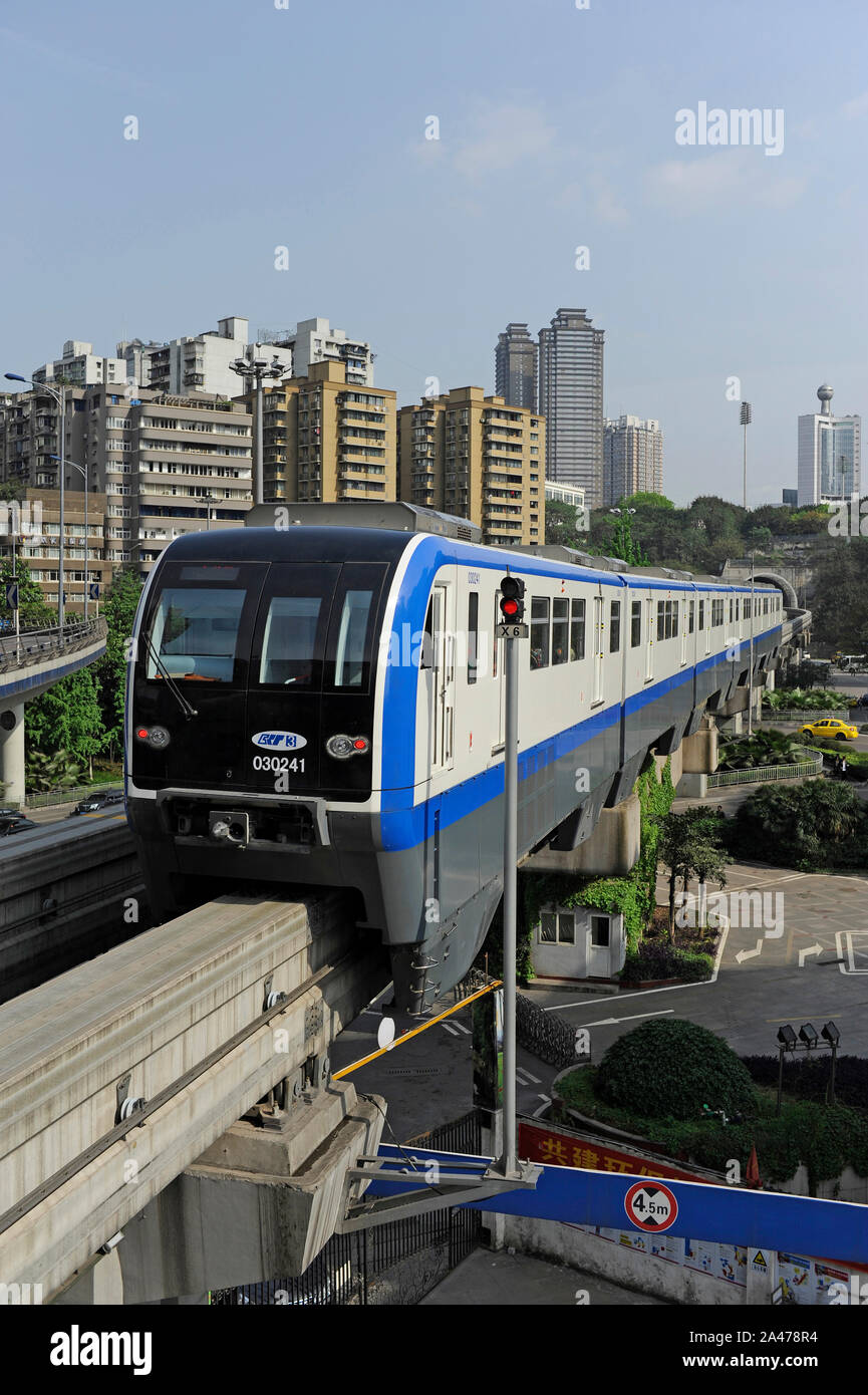 Line 3 monorail train at Niujiaotuo station on the Chongqing metro ...