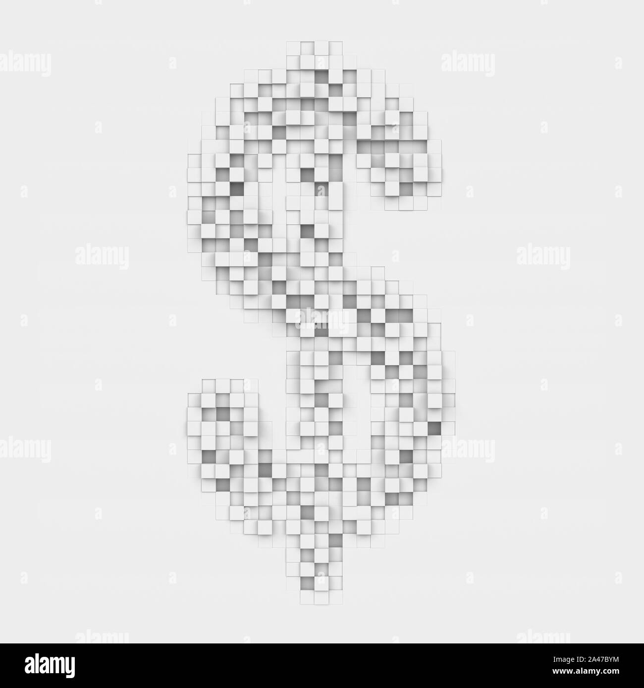 3d rendering of large dollar symbol made up of white square uneven ...