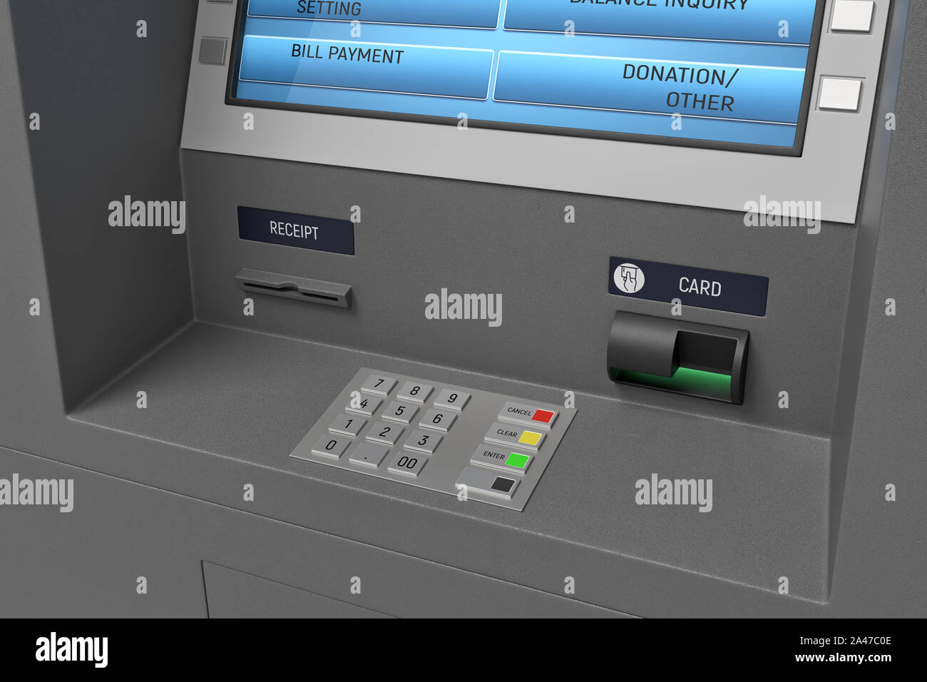 3d rendering of an ATM machine with its screen and button panel in a close view. Money and cash ...