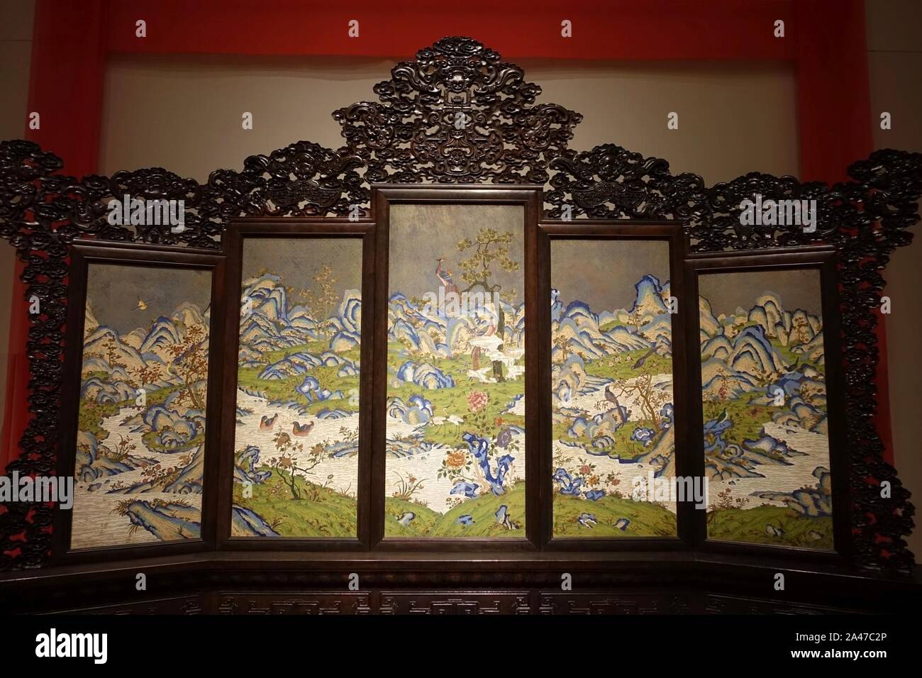 Five-panel screen with phoenixes and birds in landscape, China ...