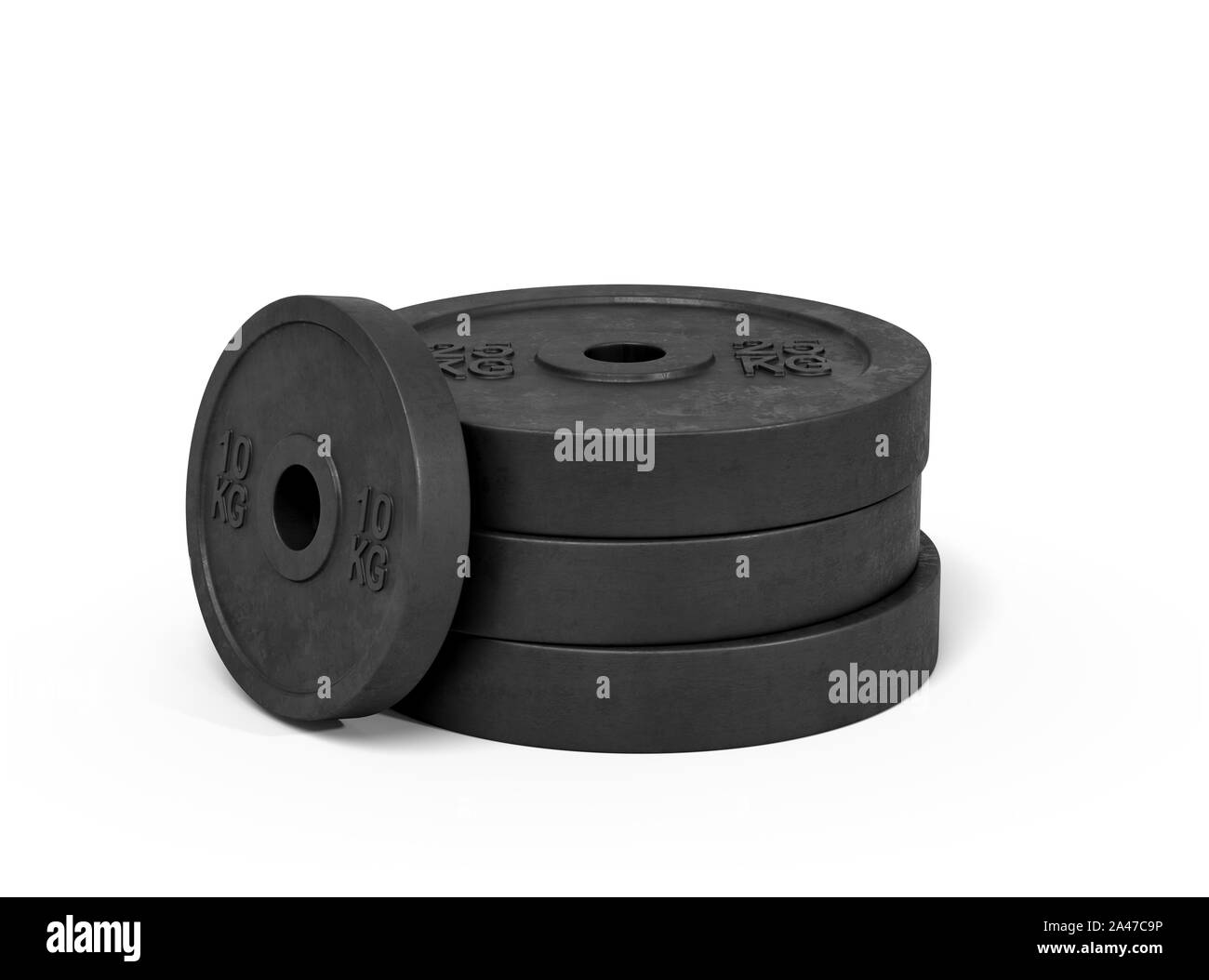 3d rendering of a stack made of several heavy black barbell weights on ...