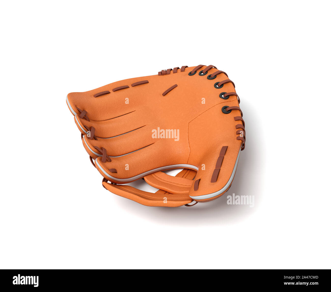 3d rendering of a single orange baseball mitt lying on a white ...