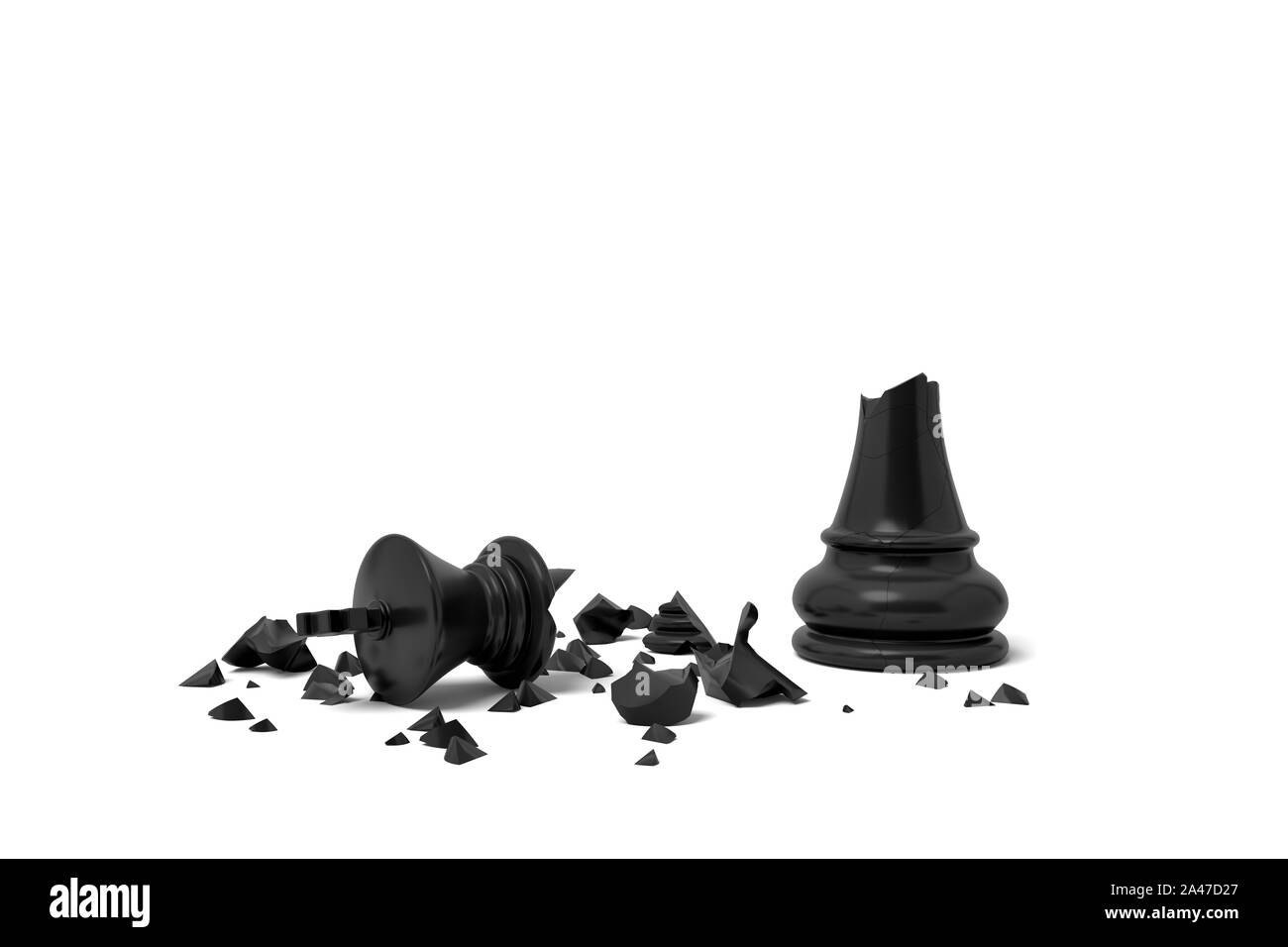 3d rendering of a completely broken black chess king lies in rubble on ...