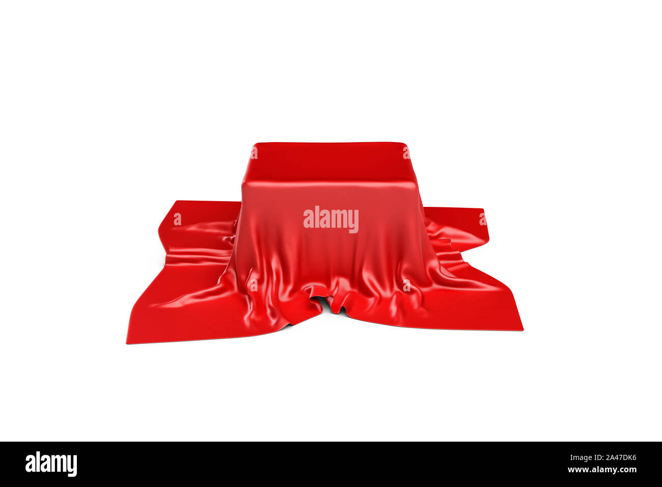 3d rendering of a box covered by red cloth in front view. Ads and ...