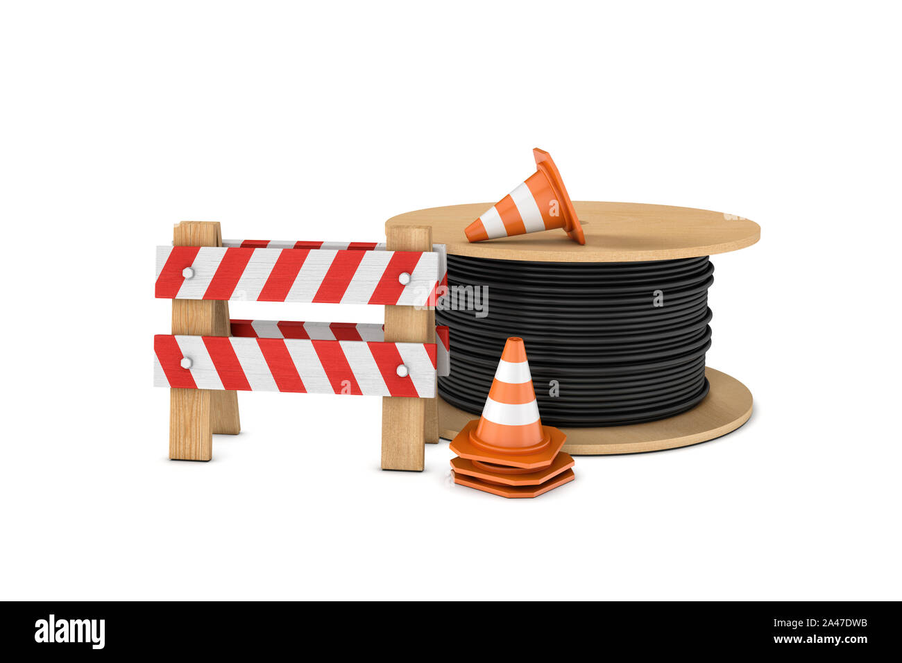 3d rendering of several construction cones, fence and a cable coil, all ...