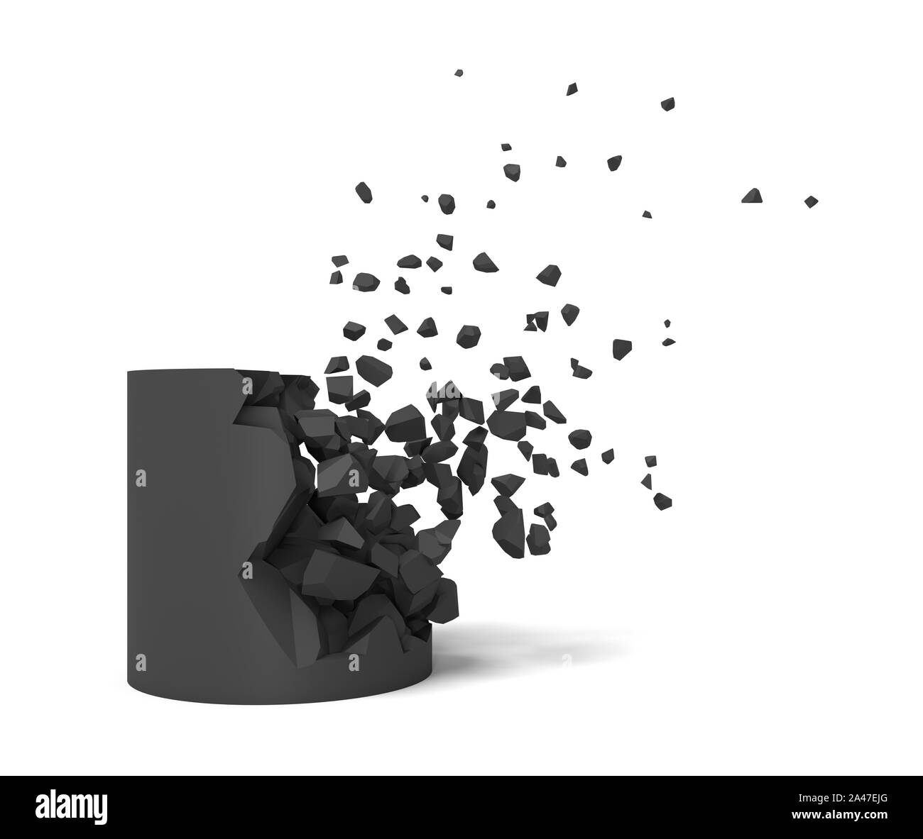 3d rendering of a solid black cylinder getting destroyed with pieces ...