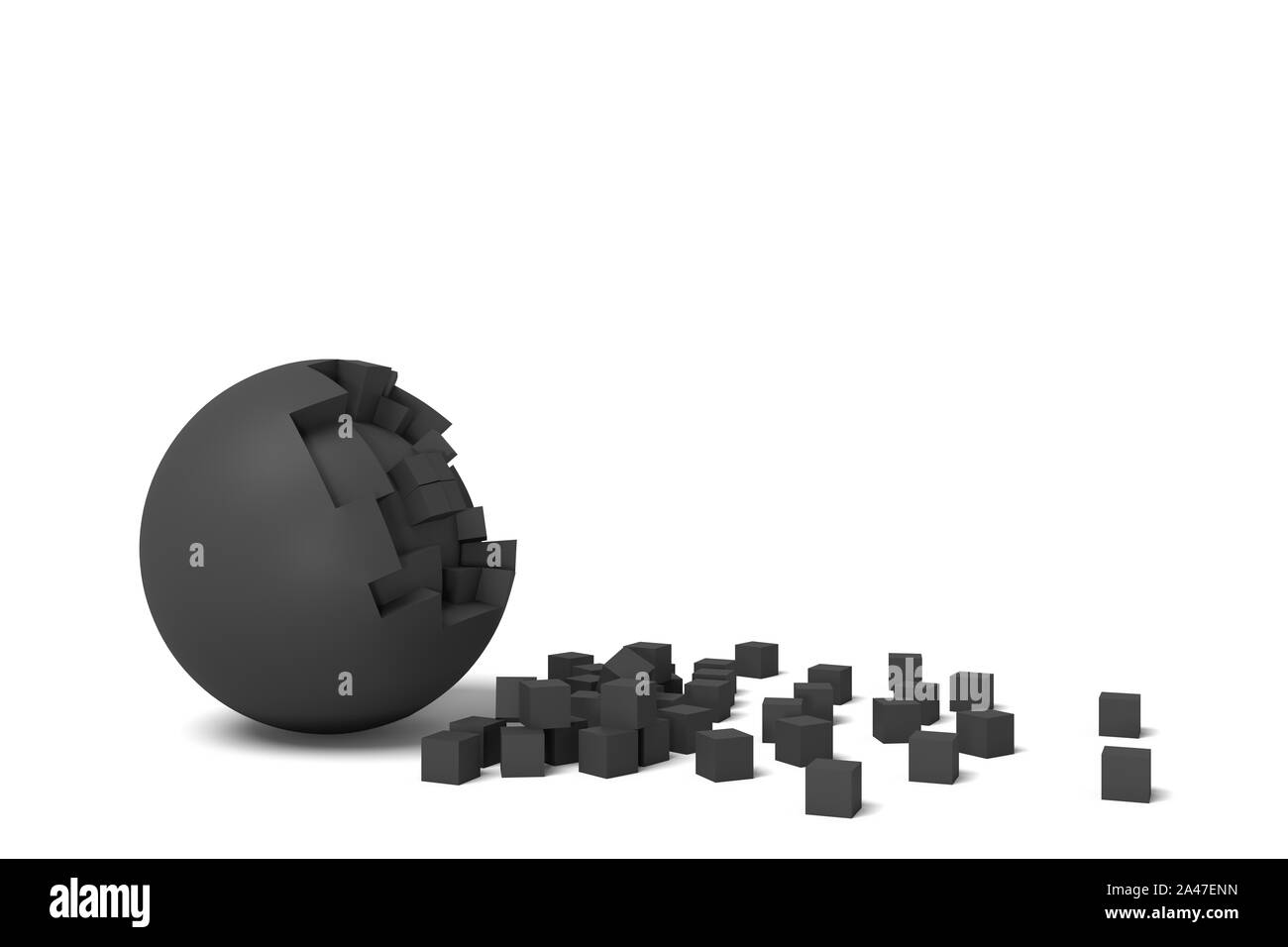 3d rendering of an isolated black round ball getting deteriorated with ...