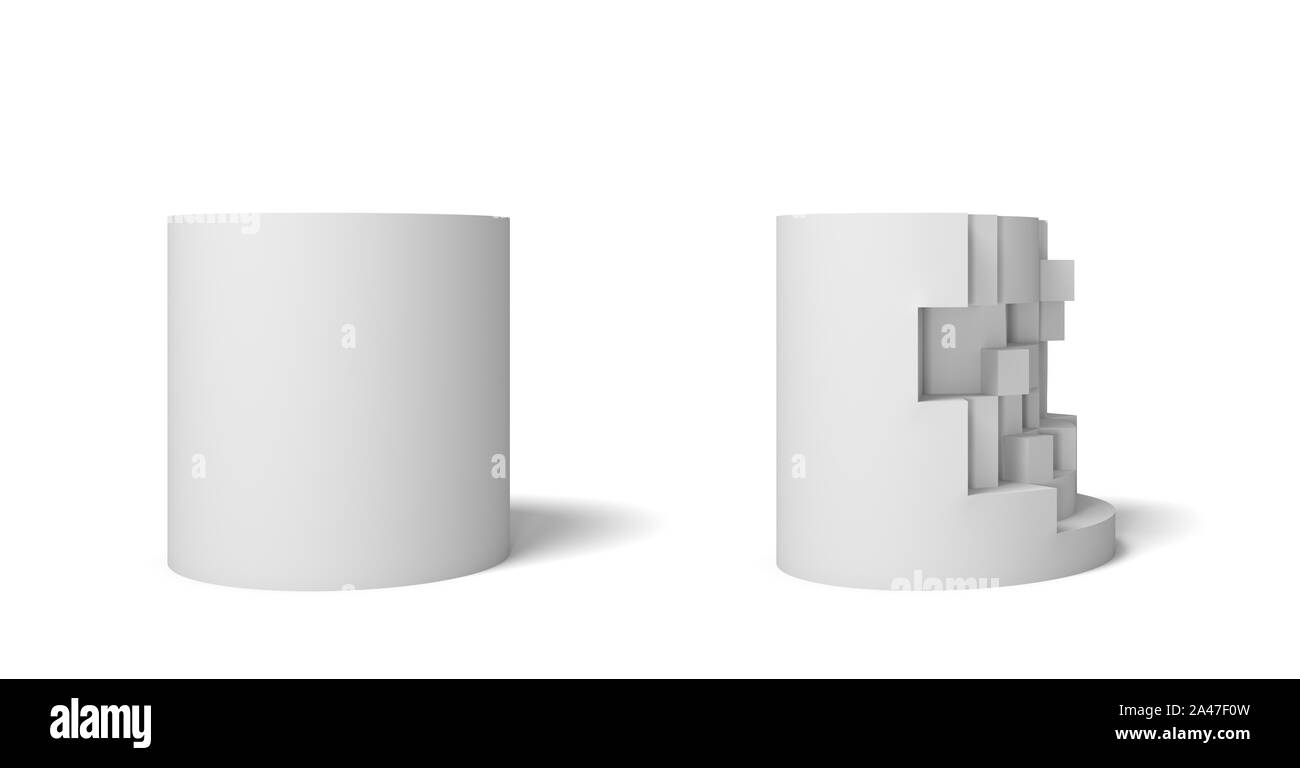 3d rendering of two isolated white cylinder one perfect and whole and ...