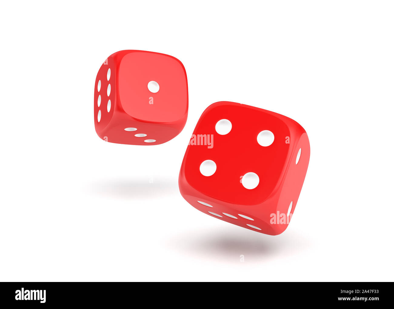 3d rendering of two red dice hanging on a white background. Gaming and ...