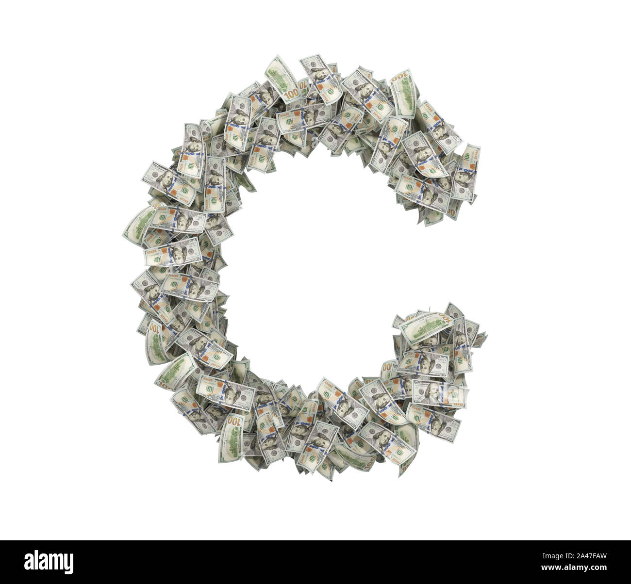 3d rendering of a large isolated letter C made of dollar banknotes on a ...
