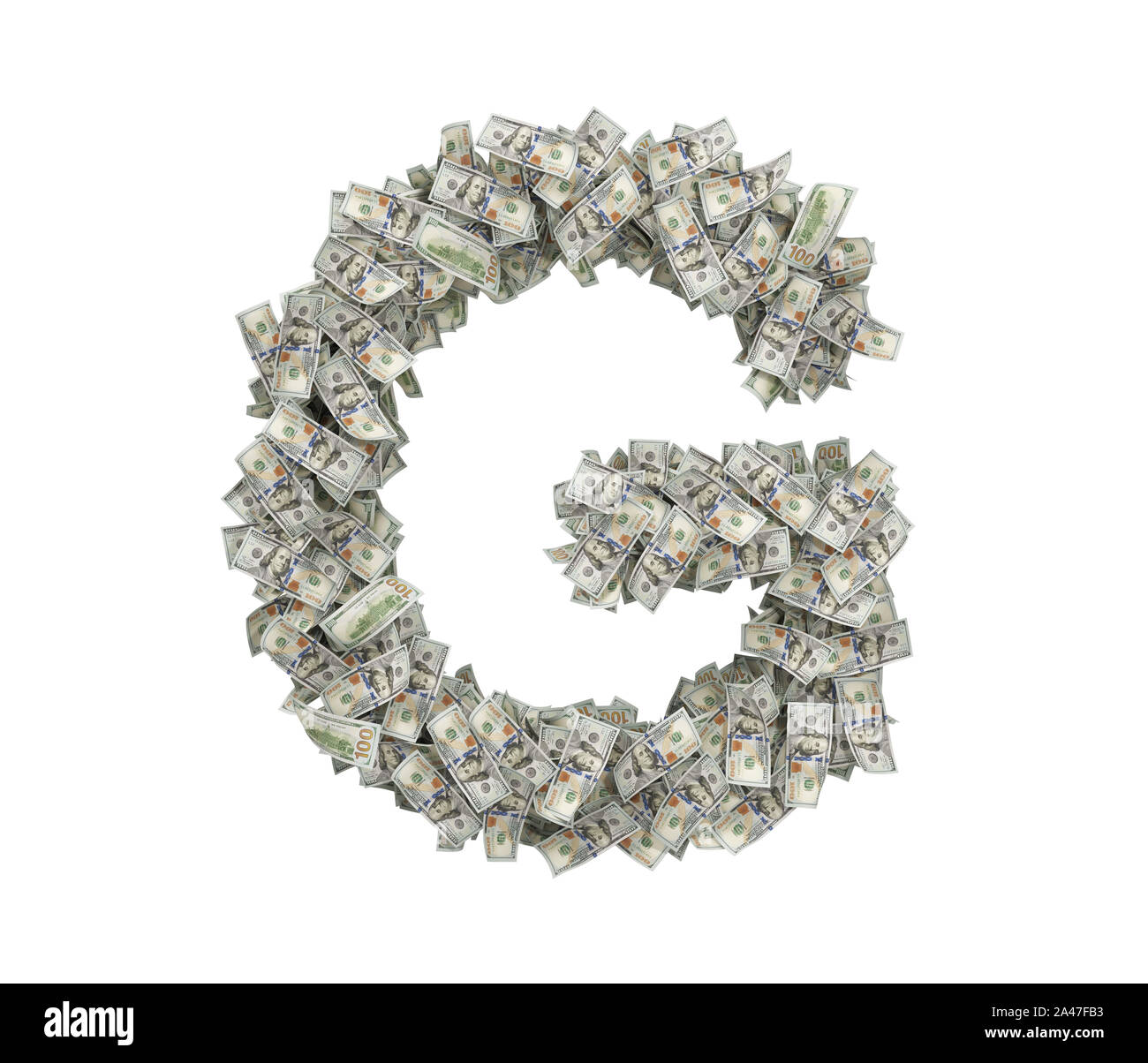 3d rendering of a large isolated letter G made of dollar banknotes on a ...