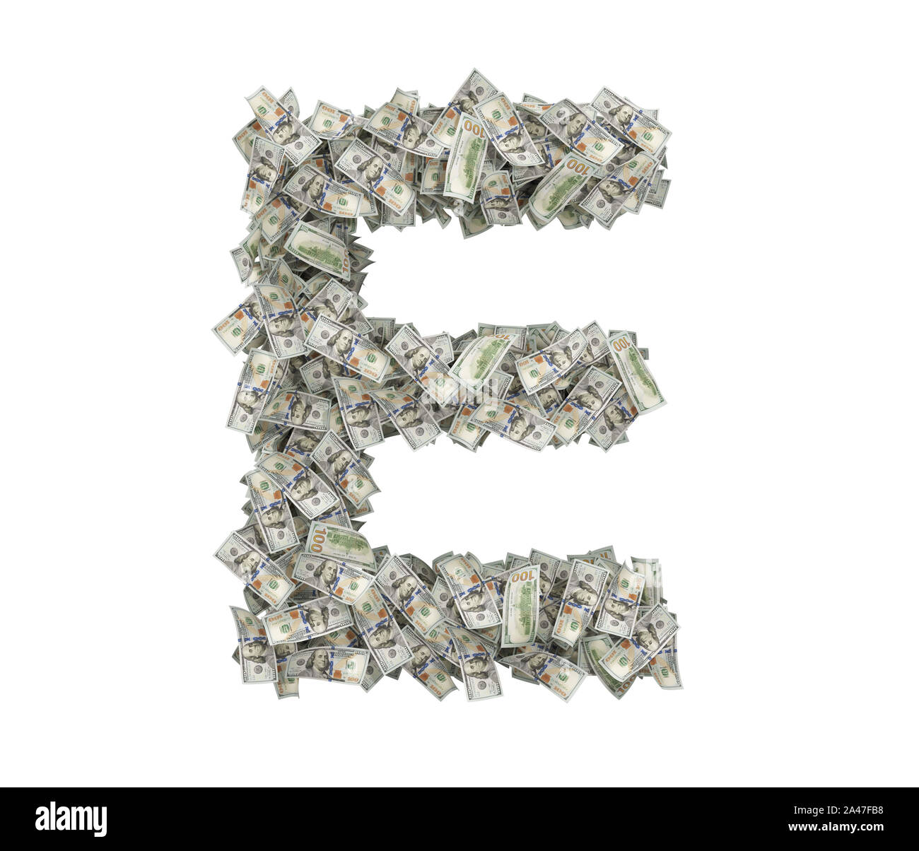 3d rendering of a large isolated letter E made of dollar banknotes on a ...