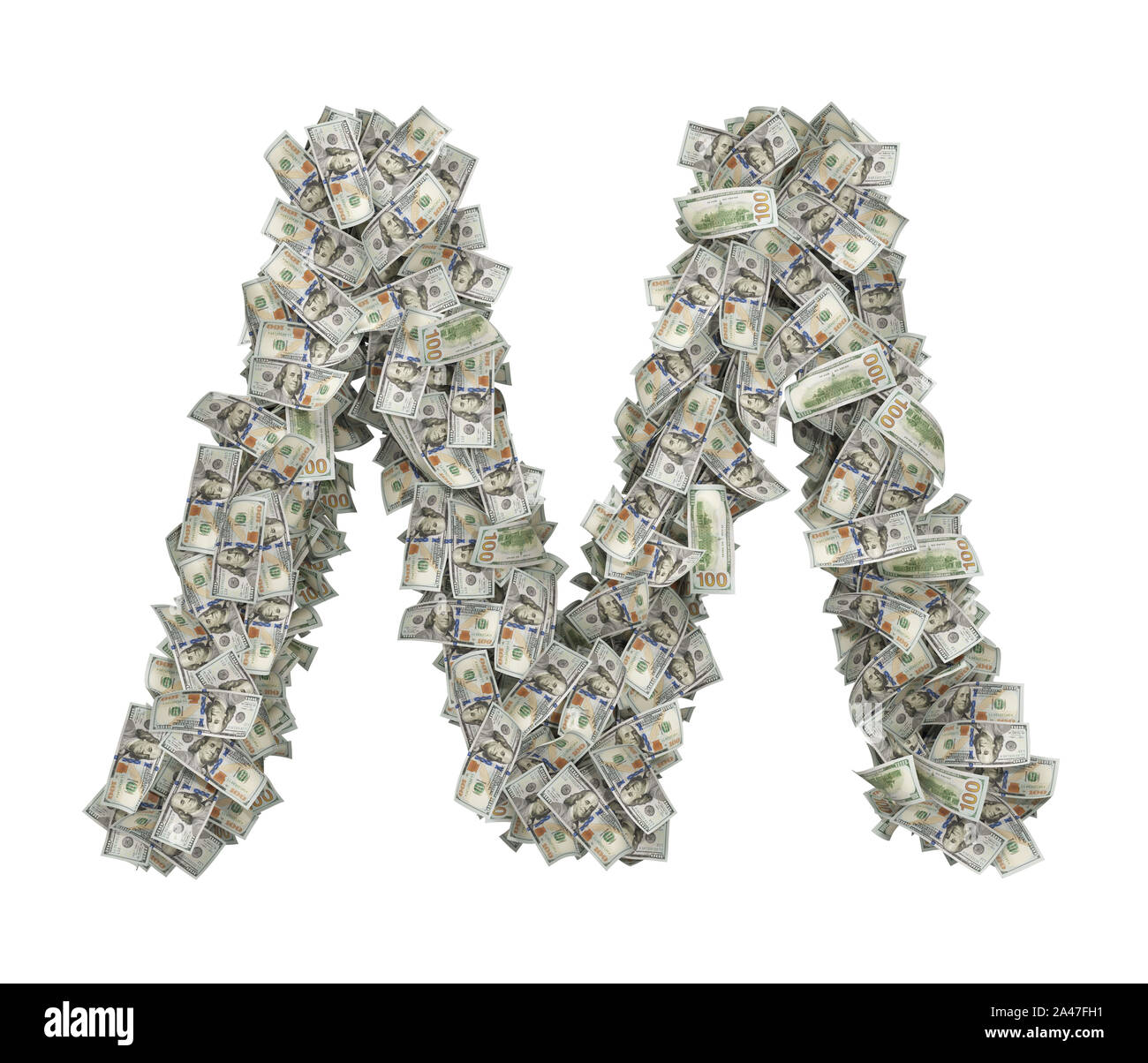 3d rendering of a large isolated letter M made of dollar banknotes on a ...