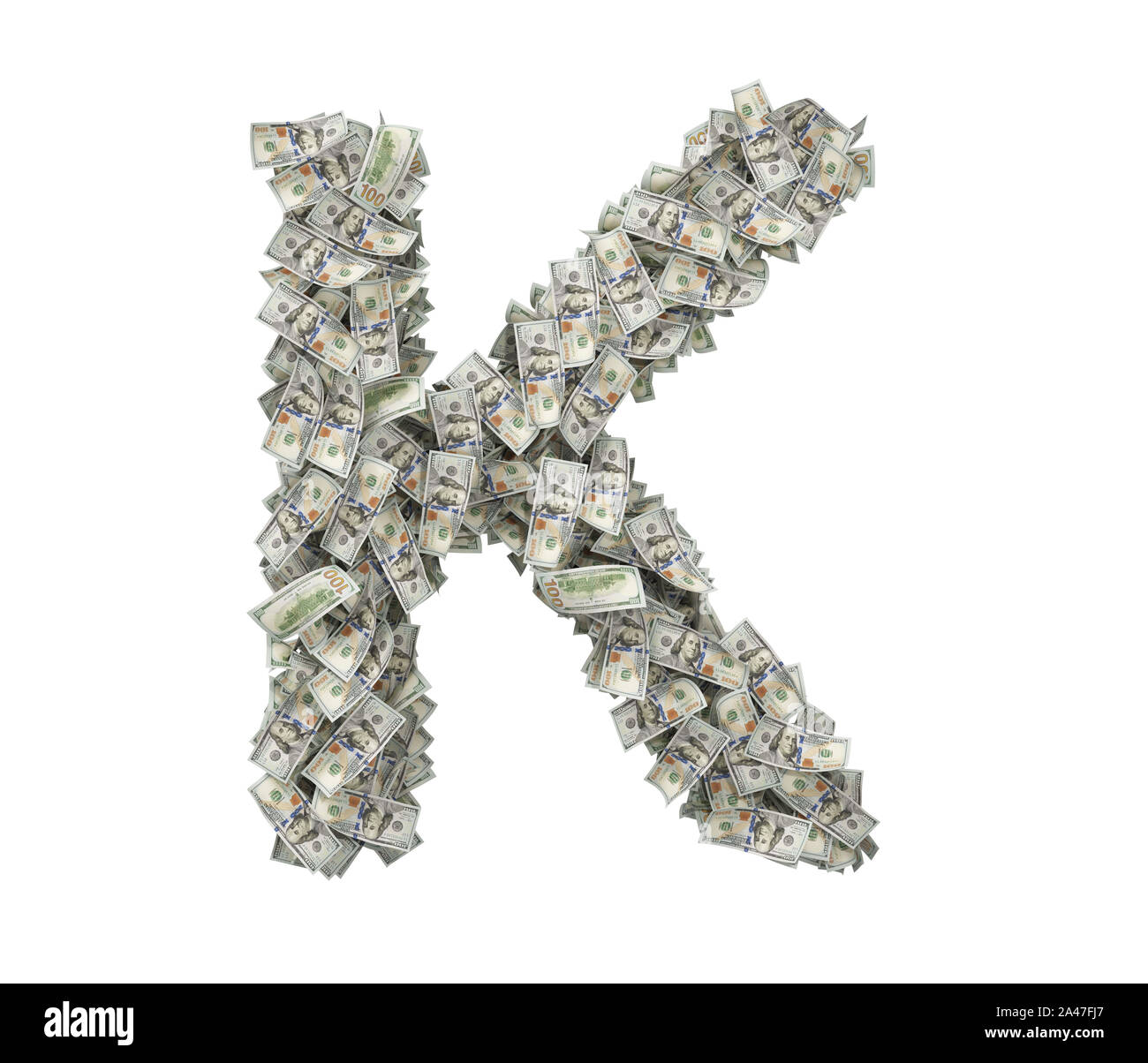 3d rendering of a large isolated letter K made of dollar banknotes on a ...