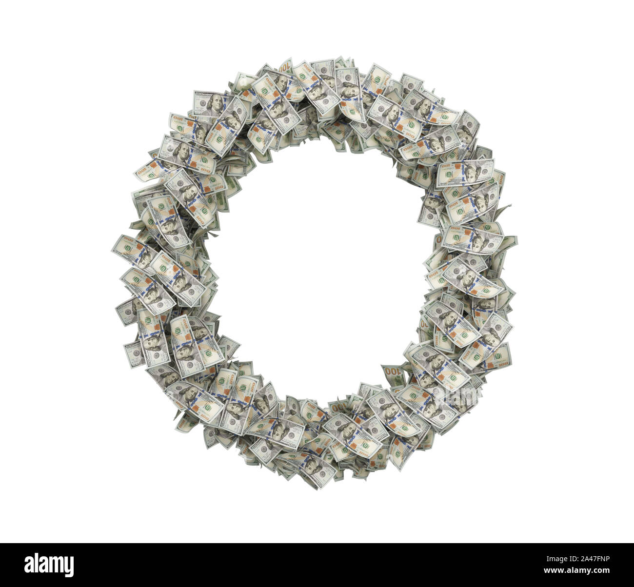 3d rendering of a large isolated letter O made of dollar banknotes on a ...
