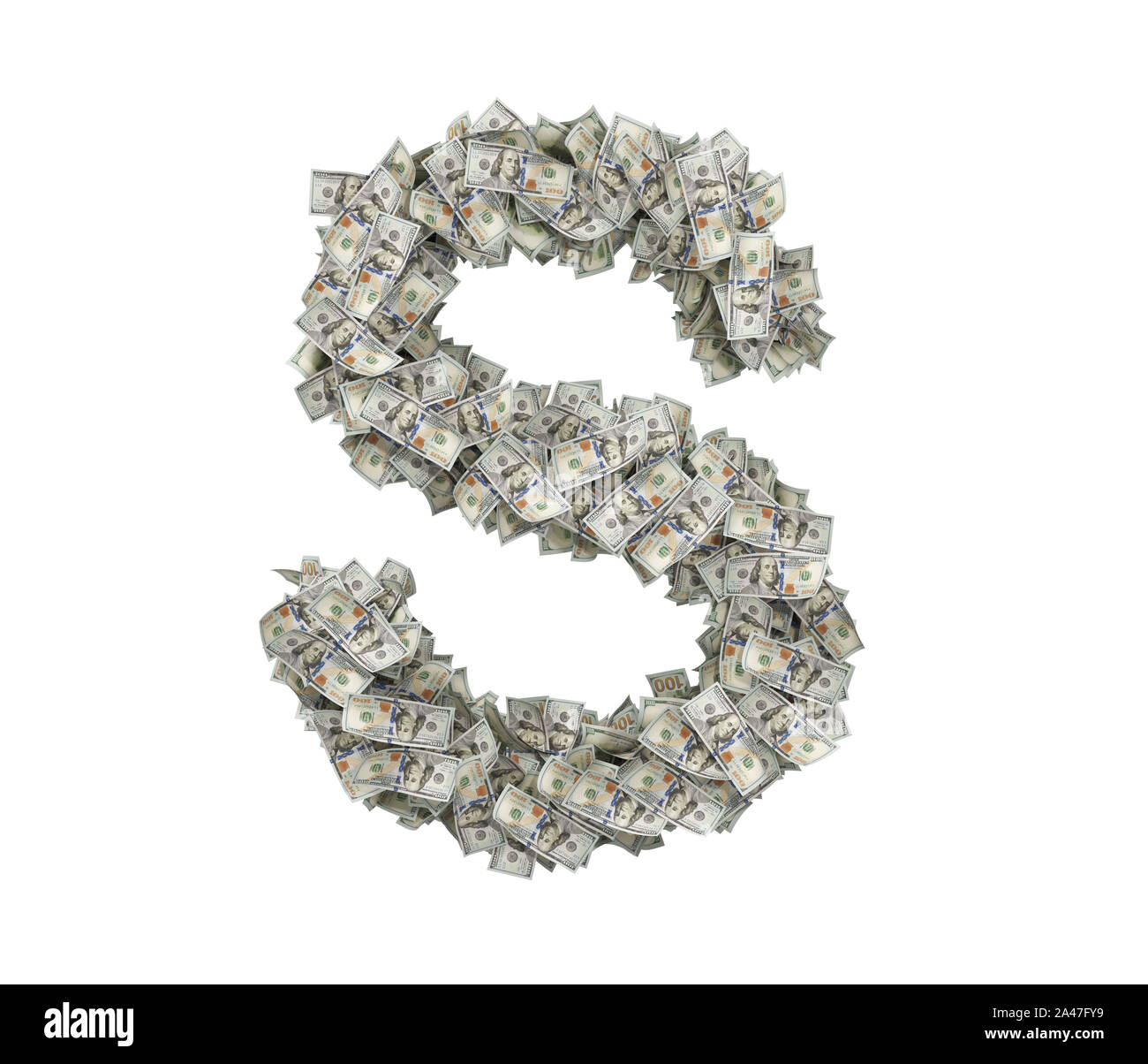 3d rendering of a large isolated letter S made of dollar banknotes on a ...